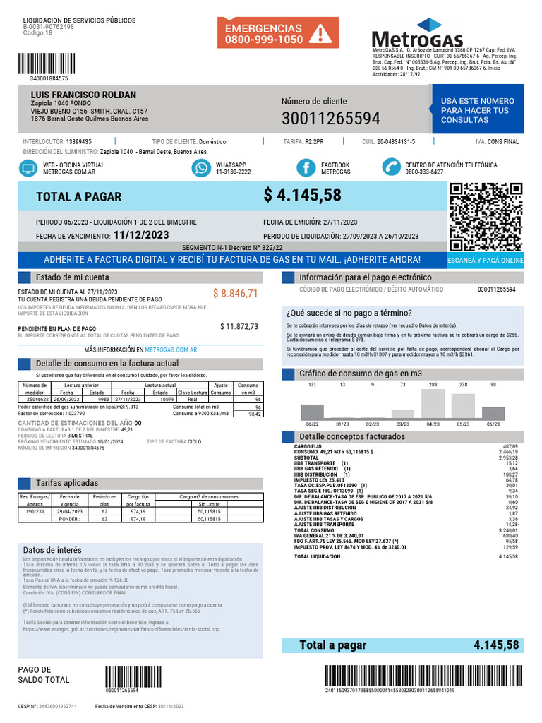 Factura de Gas MetroGAS 06/2023 | PDF | Economía Financiera | Economias