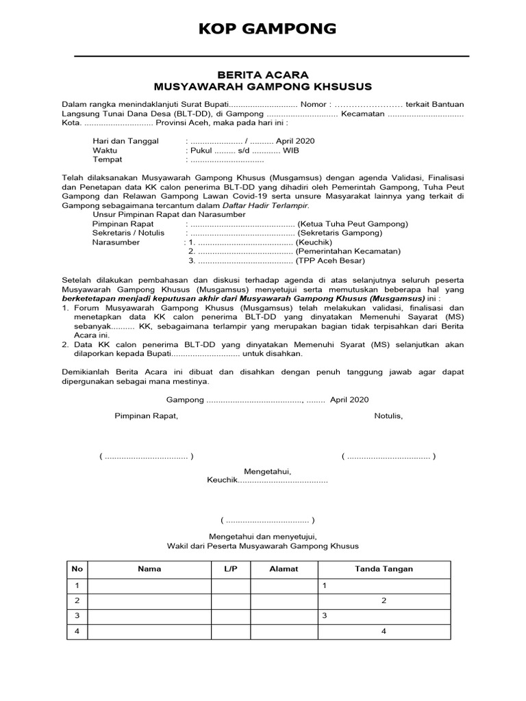 Contoh Ba Musdes Khusus BLT 2020 | PDF