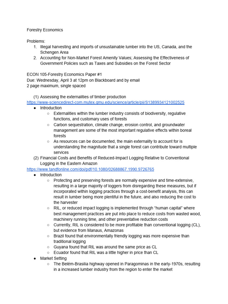 Econ 105 Forestry Economics Paper Assignment Notes Pdf Logging Externality