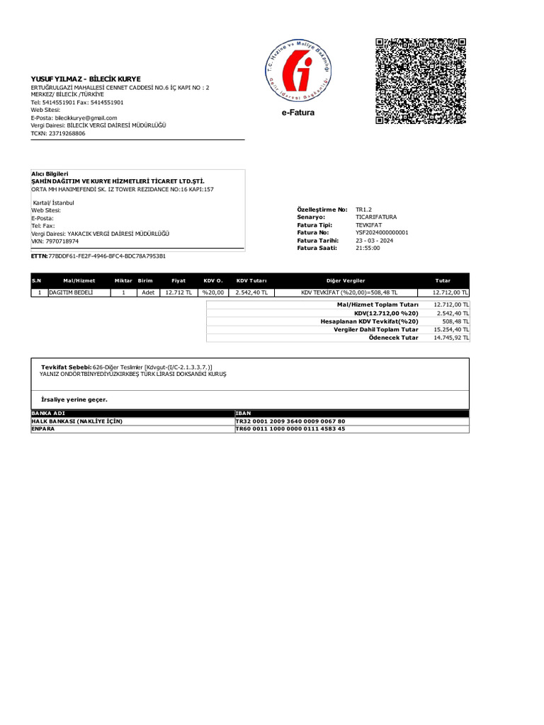 Yusuf Yilmaz - Bilecik Kurye: E-Fatura | PDF