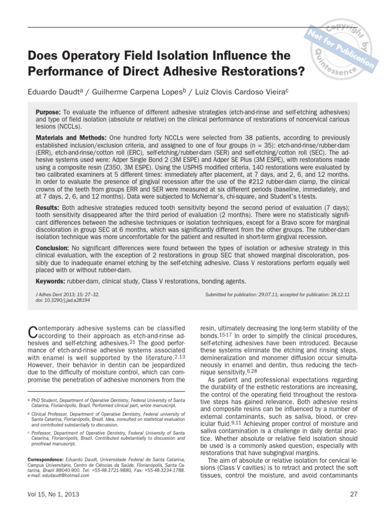 Impact of Isolation on Adhesive Restorations | PDF | Dental Composite ...