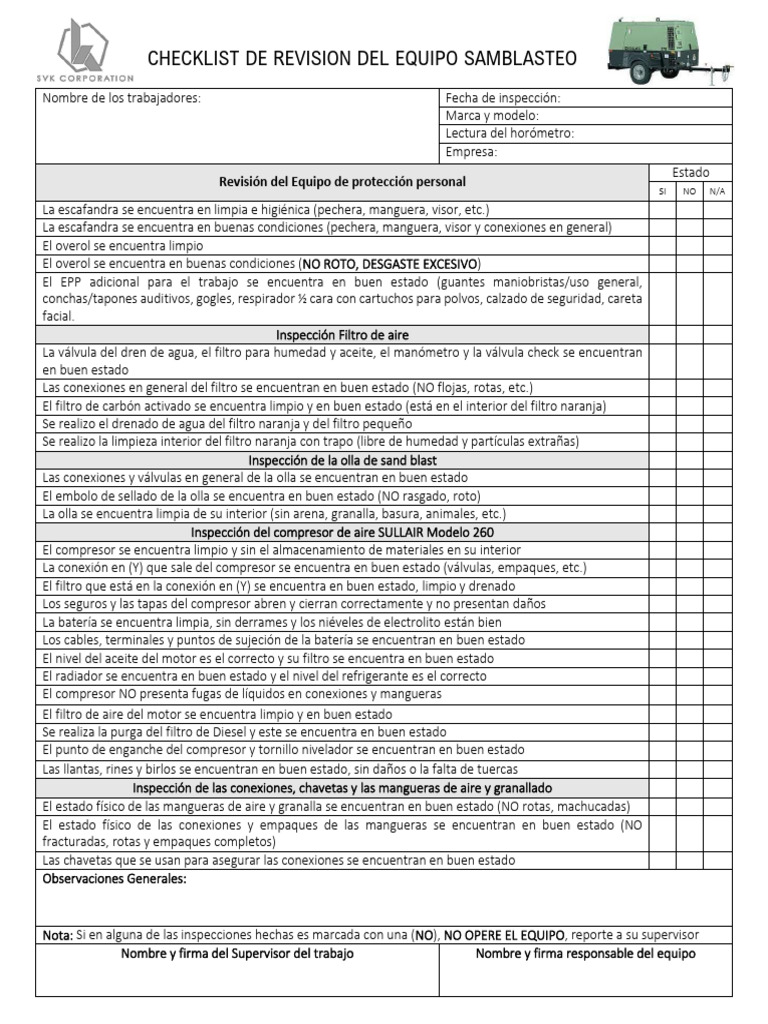 Checklist Compresor SULLAIR 260 | Descargar gratis PDF | Ingeniería ...