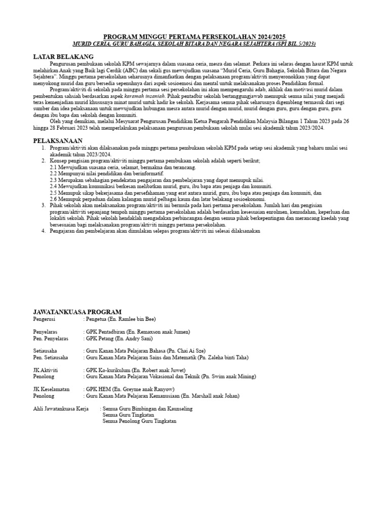 Program Awal Sekolah 2024 | PDF