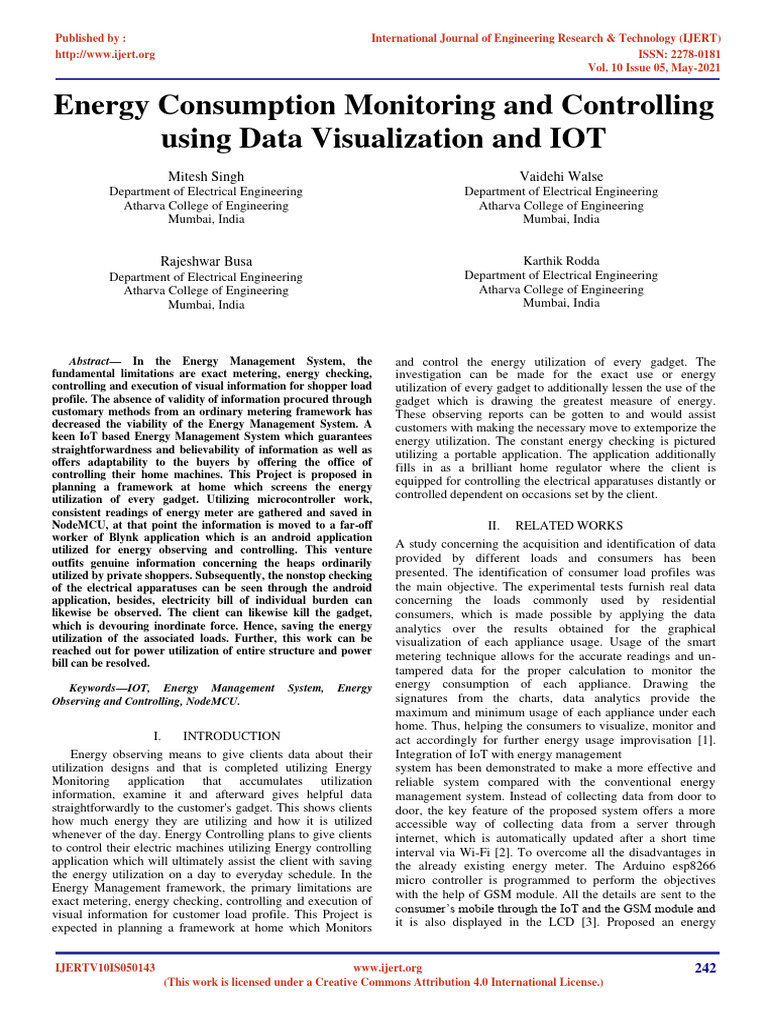 IJERT Energy Consumption Monitoring and | PDF | Arduino | Internet Of Things