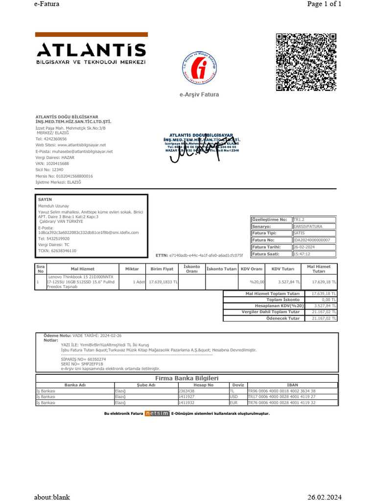 E-Arşiv Fatura: Firma Banka Bilgileri | PDF