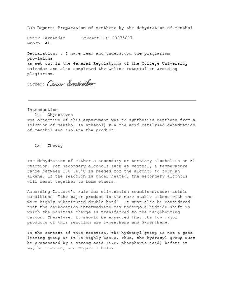 CHU11102 - Lab Report - Preparation of Menthene by The Dehydration of ...