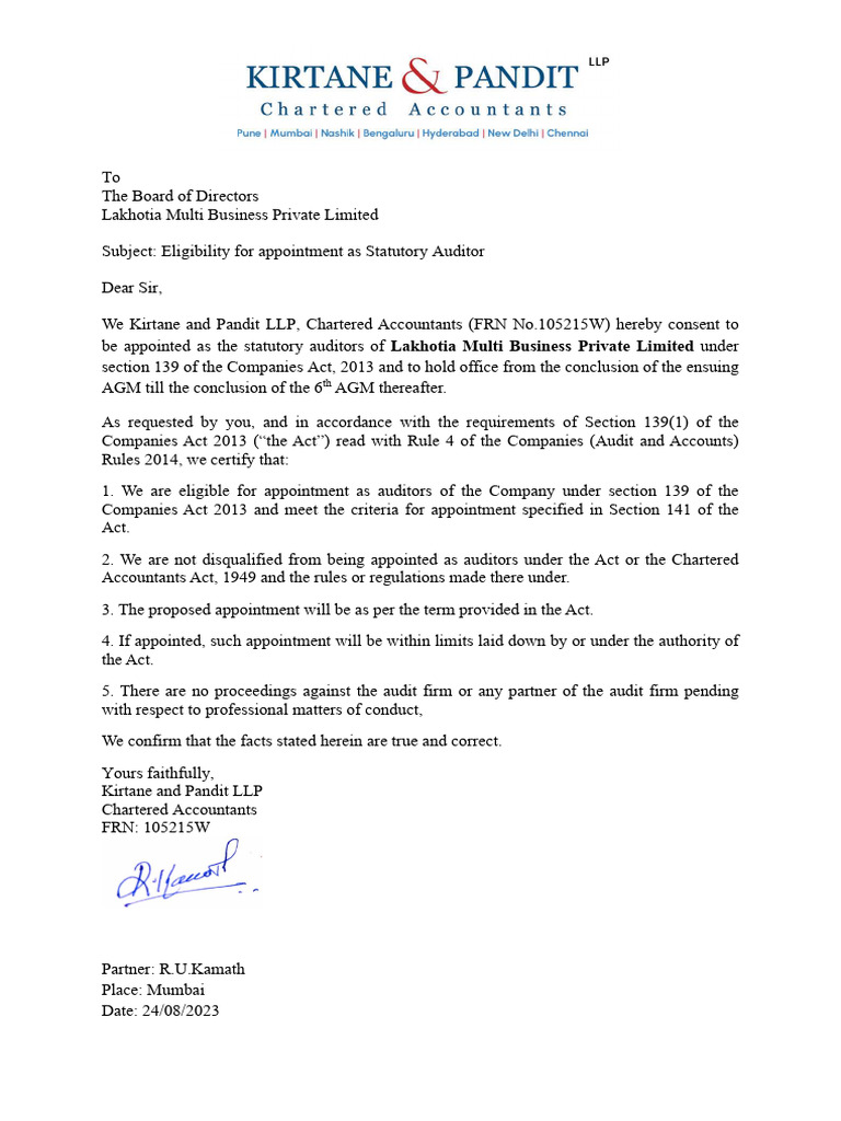 Statutory Auditor Appointment Consent Letter | PDF | Business
