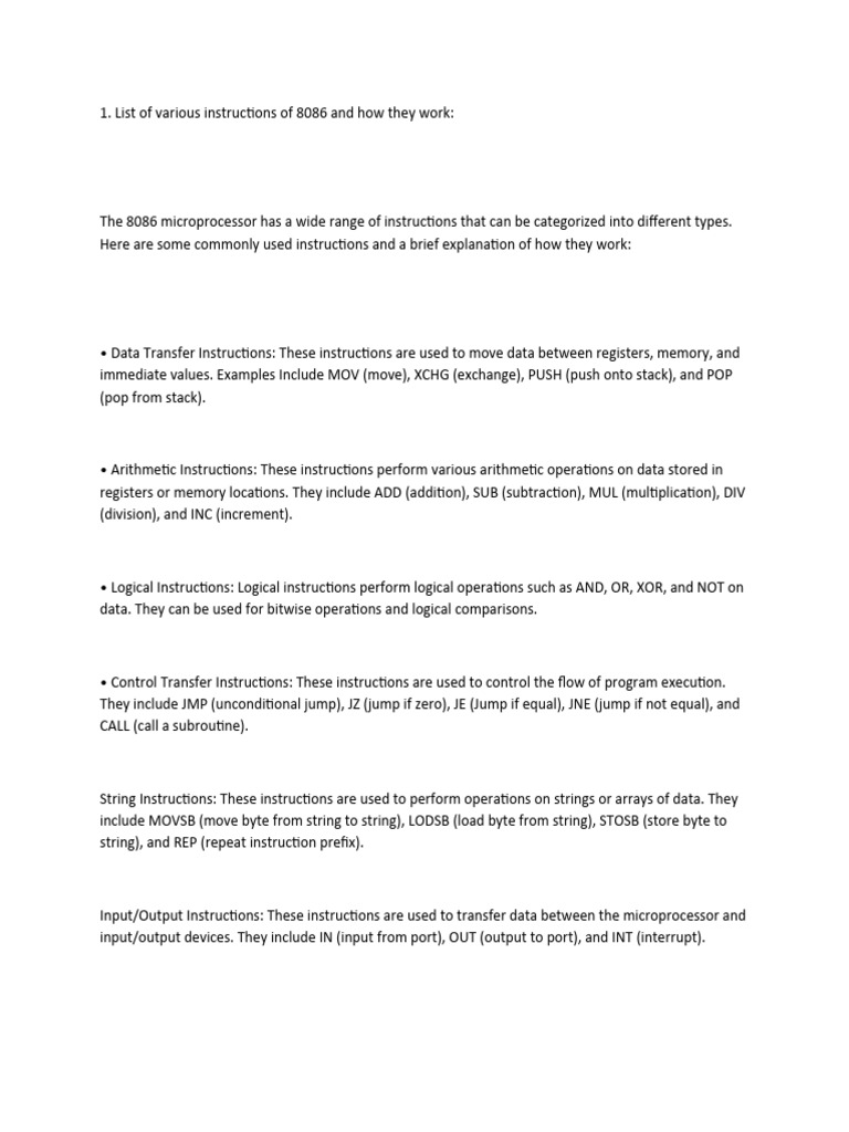8086 Microprocessor Instruction Overview | PDF | Central Processing Unit | 64 Bit Computing