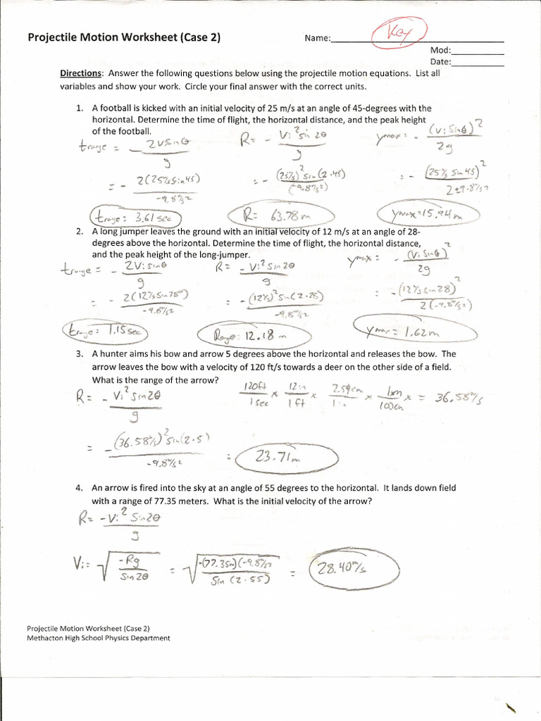 Projectile Motion Worksheet - Case 2 Answer Key | PDF