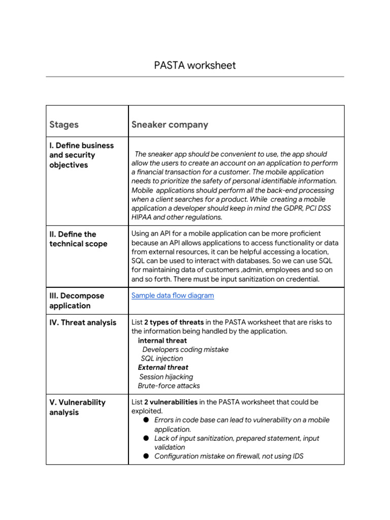 PASTA worksheet | PDF