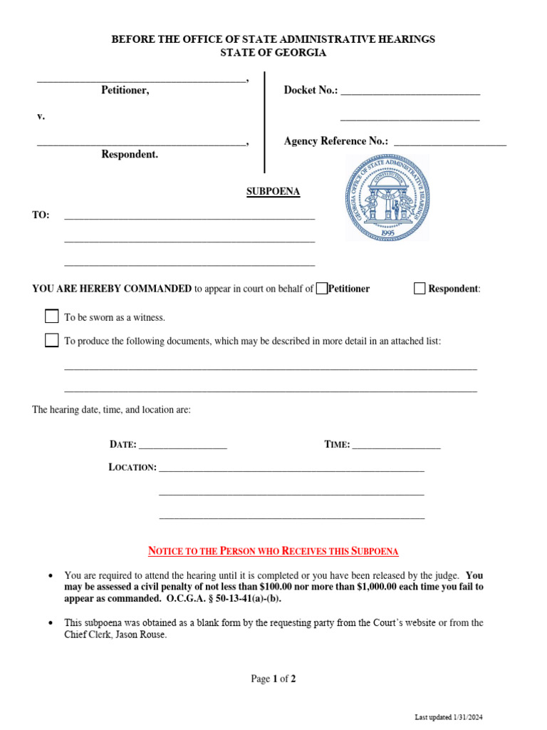 Georgia Subpoena Form Template | PDF | Subpoena | Registered Mail