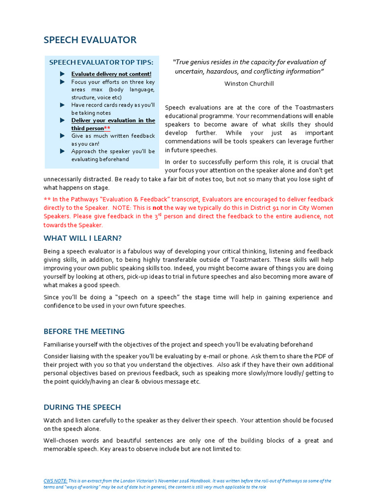 Speech Evaluator Role Guide Nov 2016 | PDF | Speech | Body Language