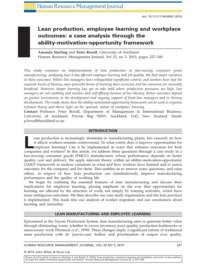 Human Res MGMT Journal - 2012 - Sterling - Lean Production Employee Learning and Workplace ...