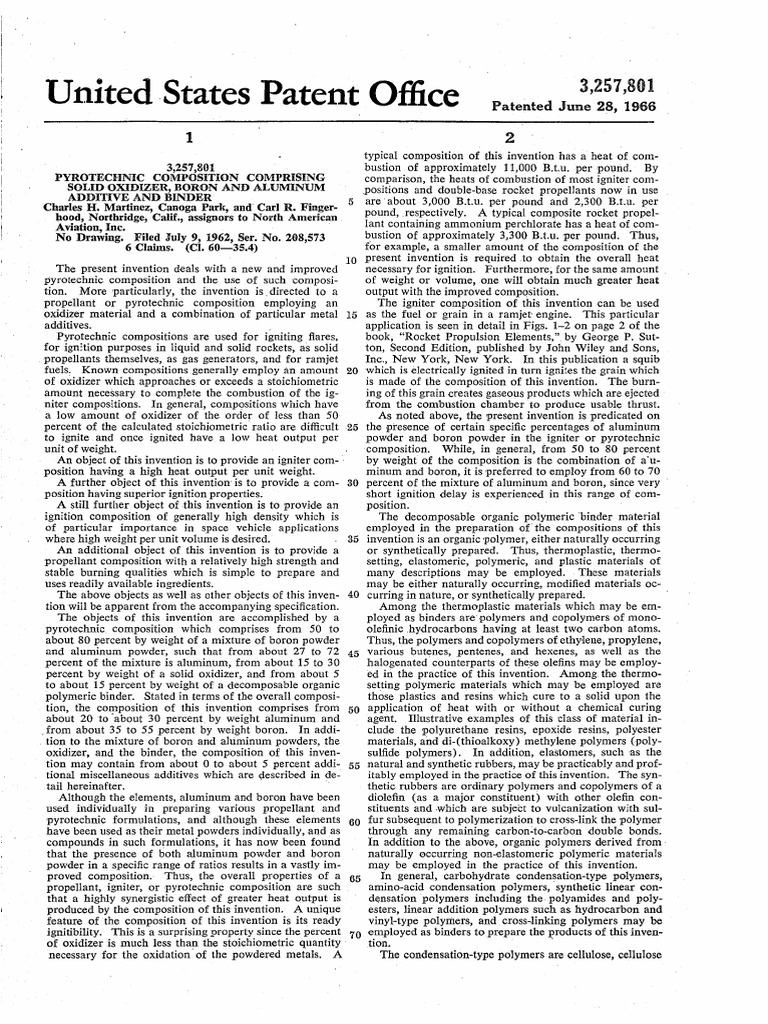 Us 3257801 Pyrotechnic composition comprising solid oxidizer, boron and ...