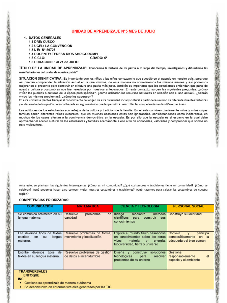 Experiencia De Aprendizaje 5 Mes De Julio Pdf Aprendizaje Vida