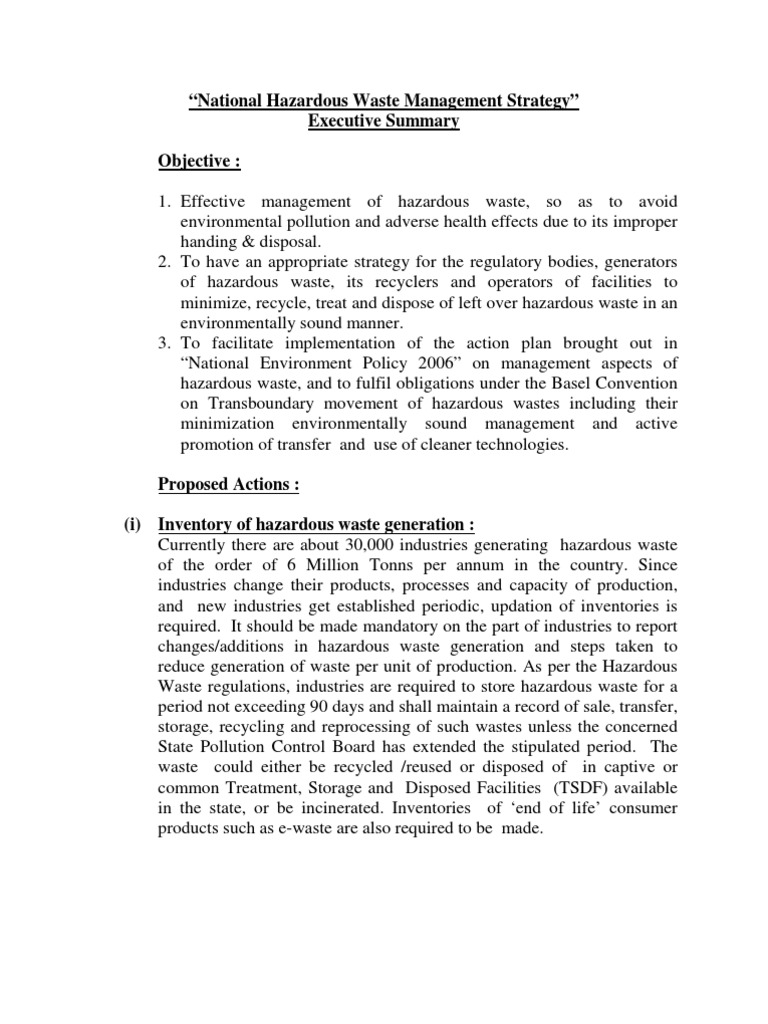 "National Hazardous Waste Management Strategy" Executive Summary ...