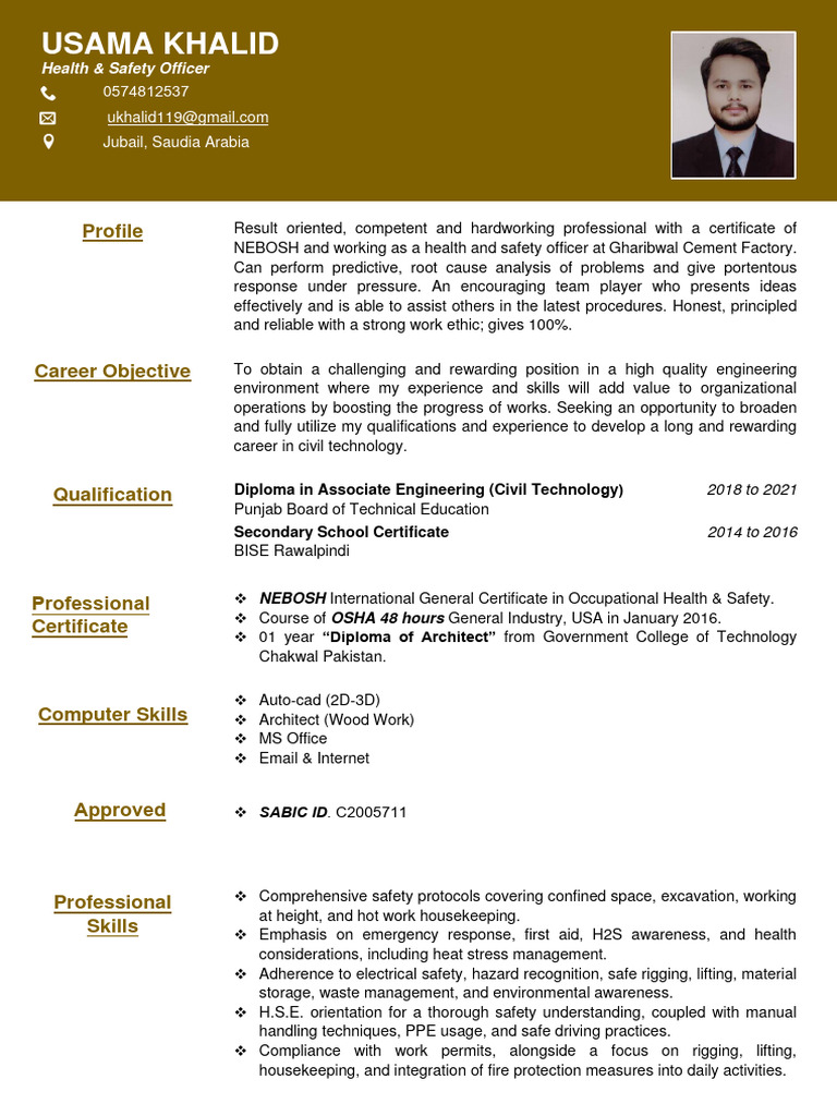 Usama Khalid Health & Safety Engineer | PDF | Occupational Safety And Health | Safety