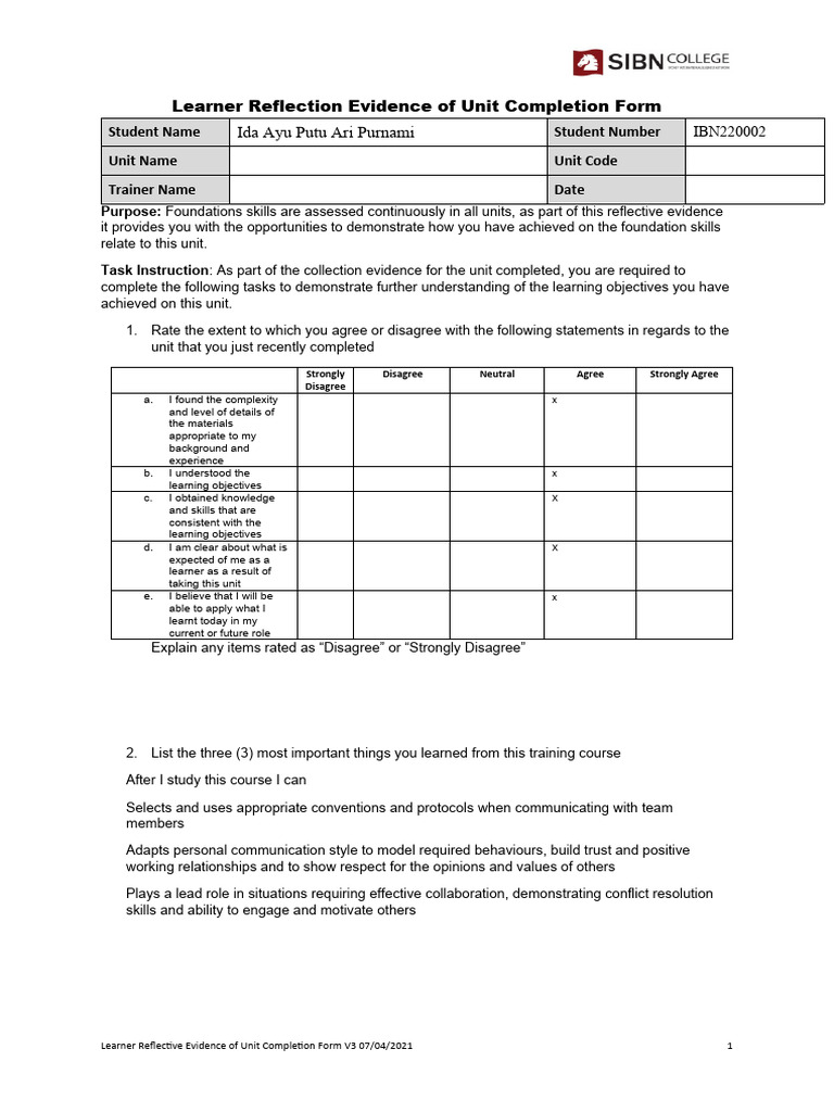 Tu - Learner Reflection Evidence of Unit Completion Form V3 | PDF ...