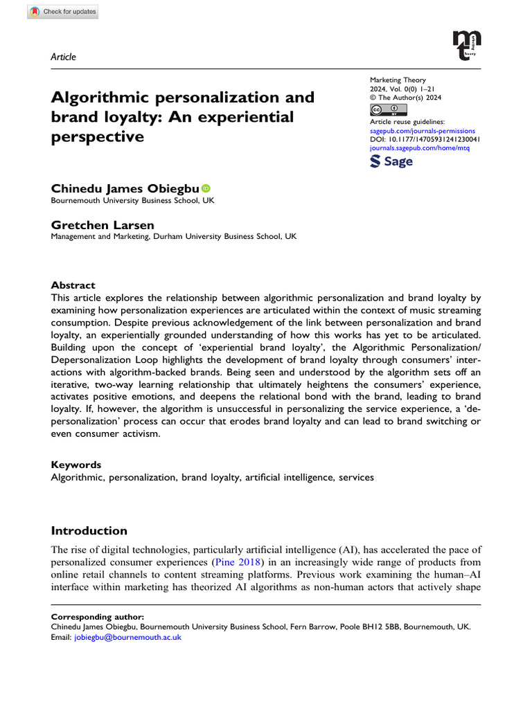Obiegbu Larsen 2024 Algorithmic Personalization and Brand Loyalty An ...