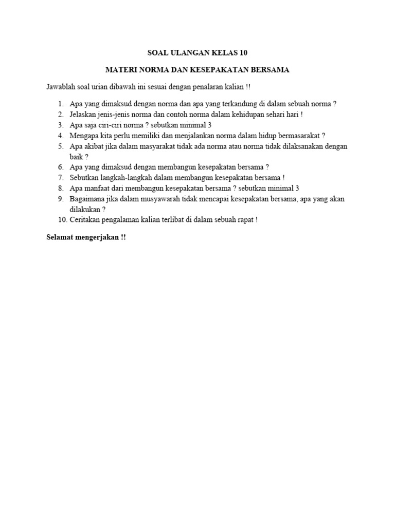 Soal Ulangan Kelas 10 Materi Norma Dan Kesepakatan Bersama | PDF