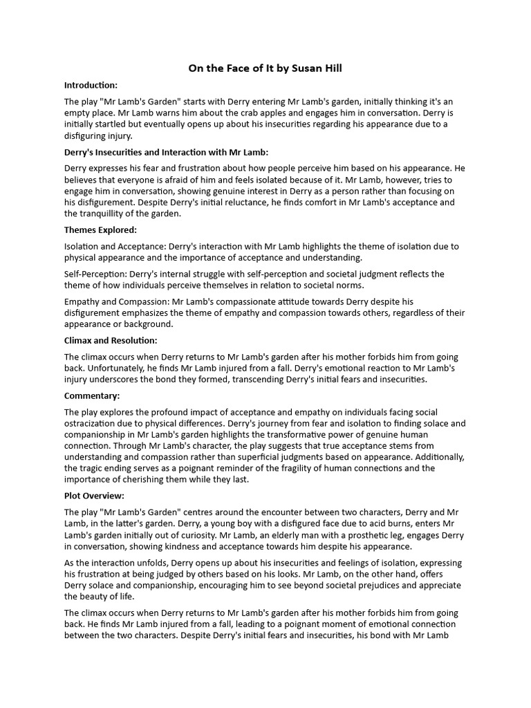 On the Face of It by Susan Hill | PDF | Empathy | Compassion