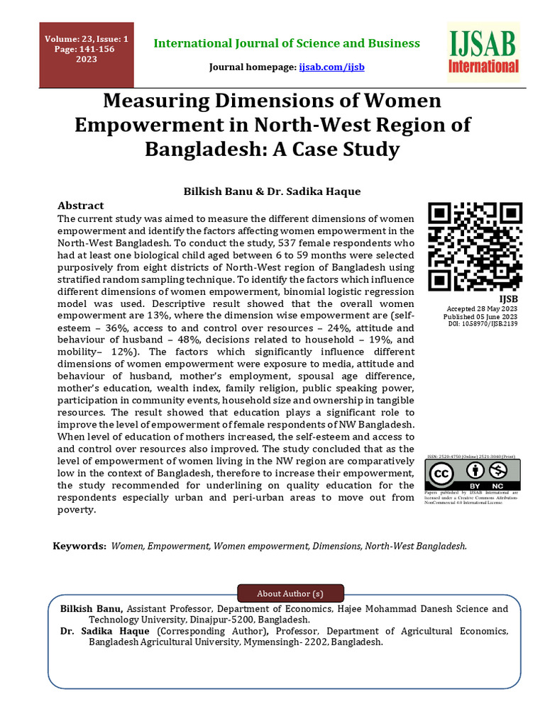 Measuring Dimensions of Women Empowerment in North-West Region of Bangladesh: A Case Study | PDF ...