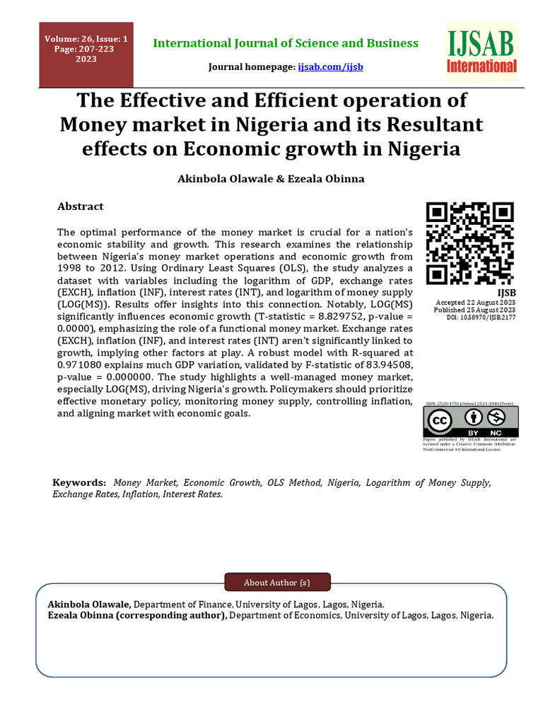 The Effective and Efficient Operation of Money Market in Nigeria and Its Resultant Effects On ...