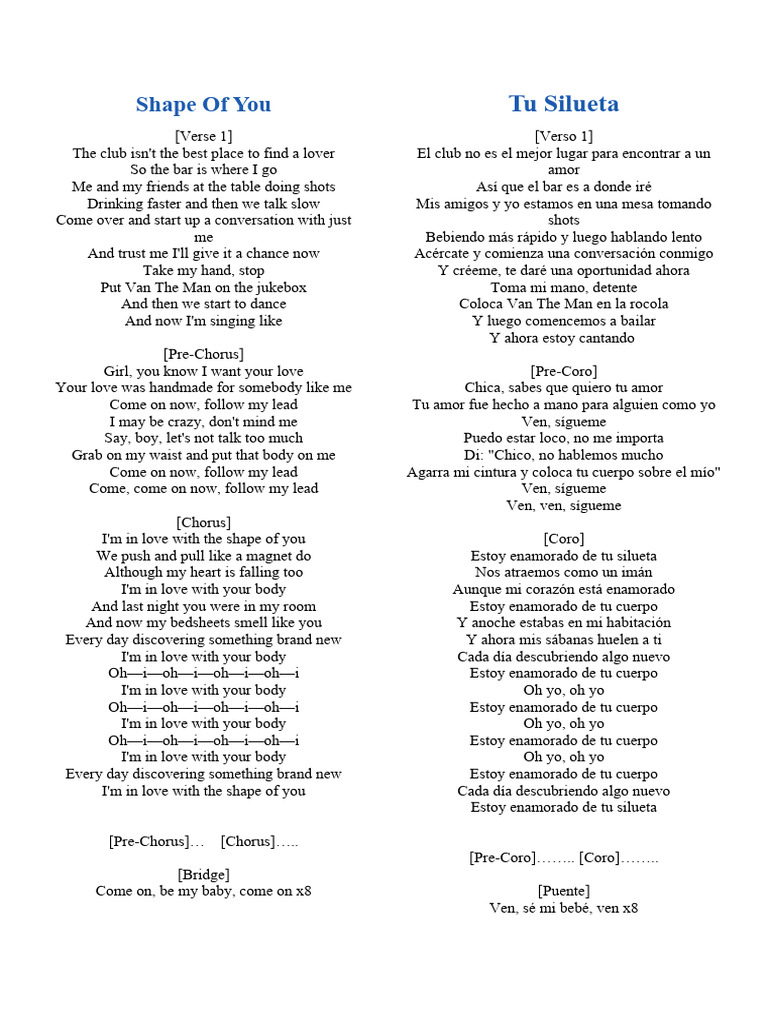 Letra de "Shape of You" en español e inglés | PDF | Canciones escritas ...