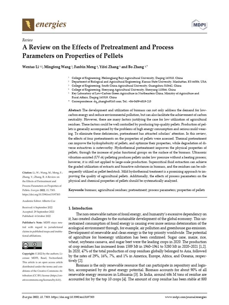 A Revien The Effects of Pretreatment and Process Parameters On Properties of Pellets | PDF ...