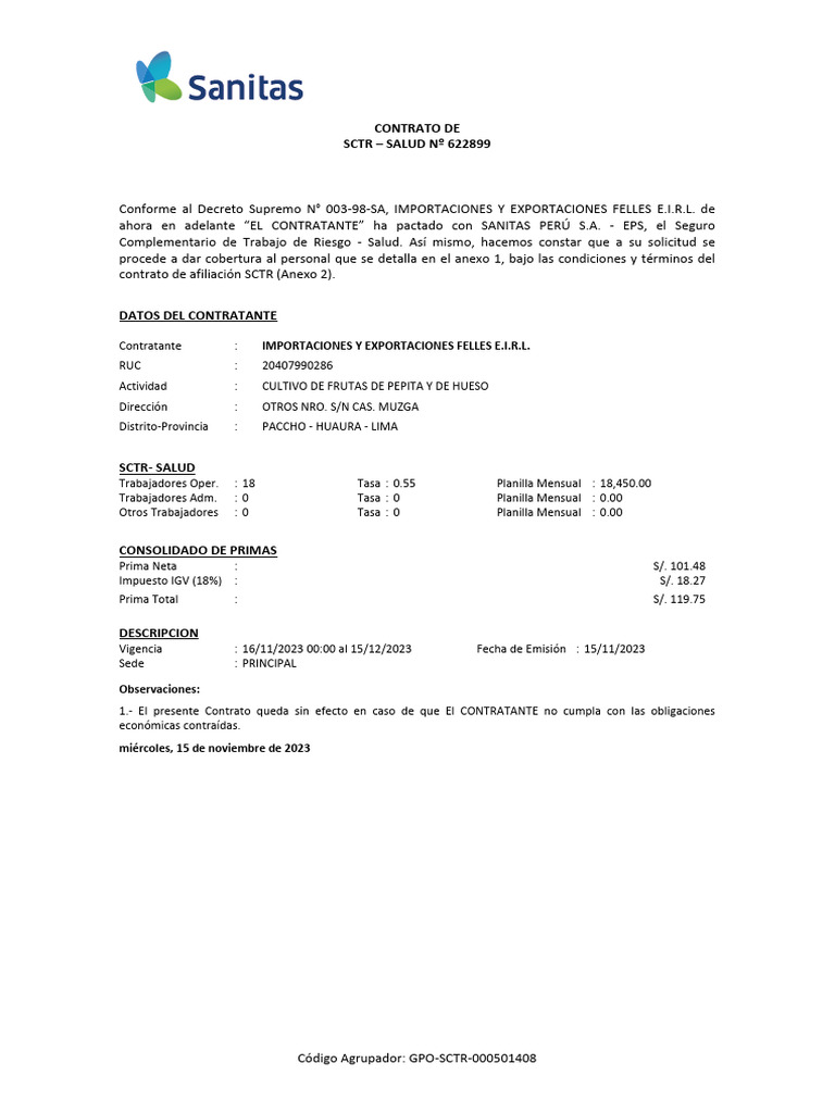 Contrato SCTR Salud para Felles E.I.R.L. | PDF