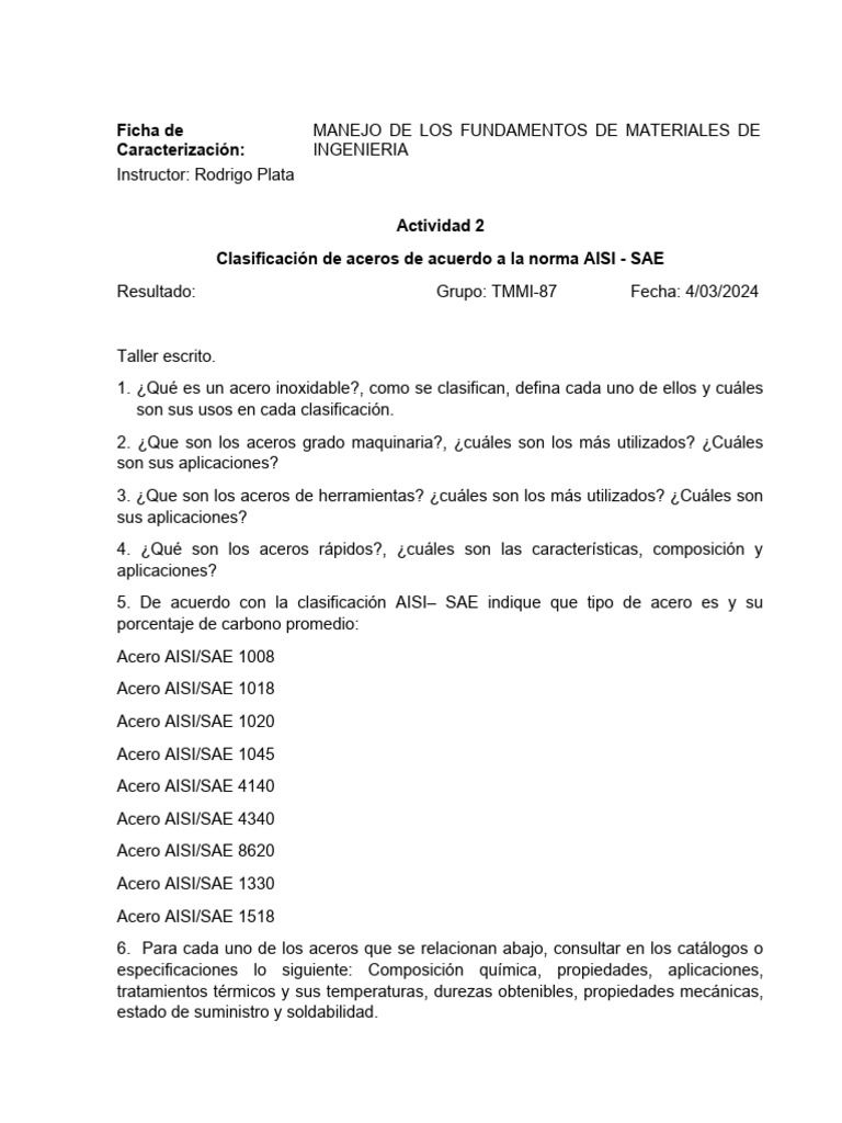 Actividad 2 Clasificacion de Aceros de Acuerdo A La Norma AISI SAE Instructor | PDF ...