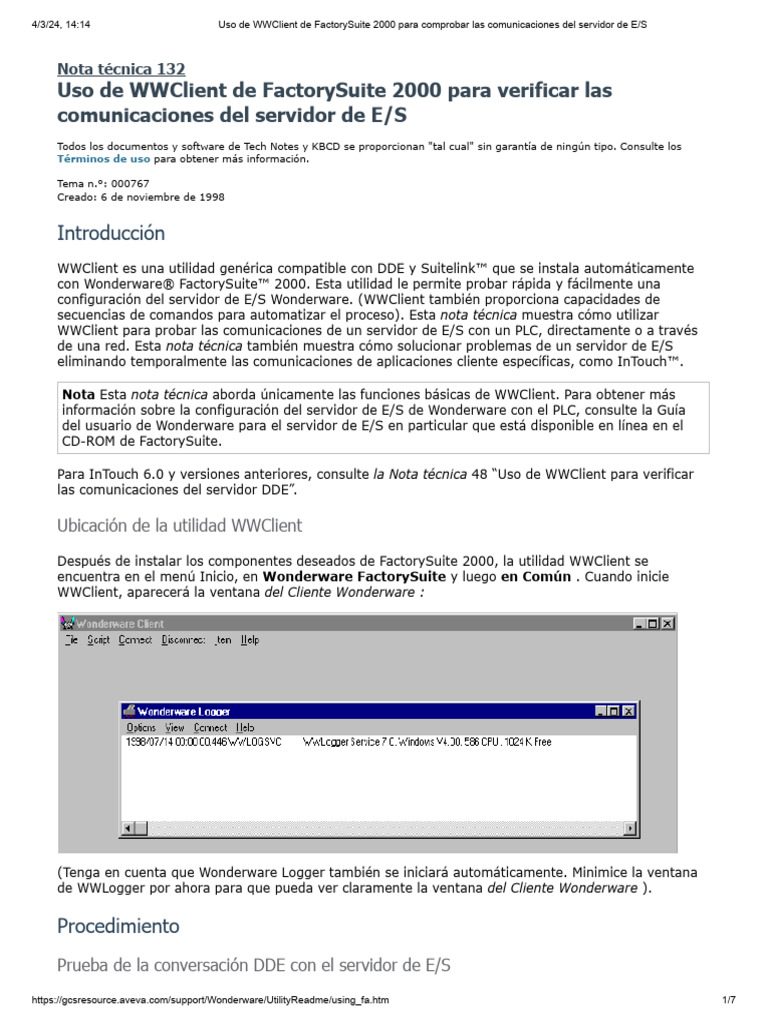 Uso de WWClient de FactorySuite 2000 para Comprobar Las Comunicaciones Del Servidor de E - S ...