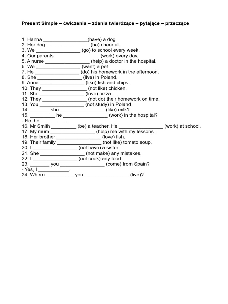 Present Simple - Ćwiczenia - Zdania Twierdzące - Pytające - Przeczące ...