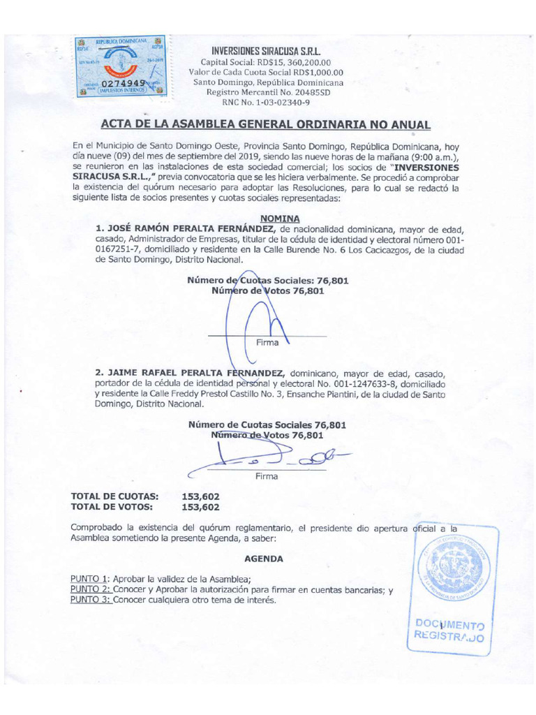 Acta de Asamblea No Anual Inversiones Siracusa | PDF