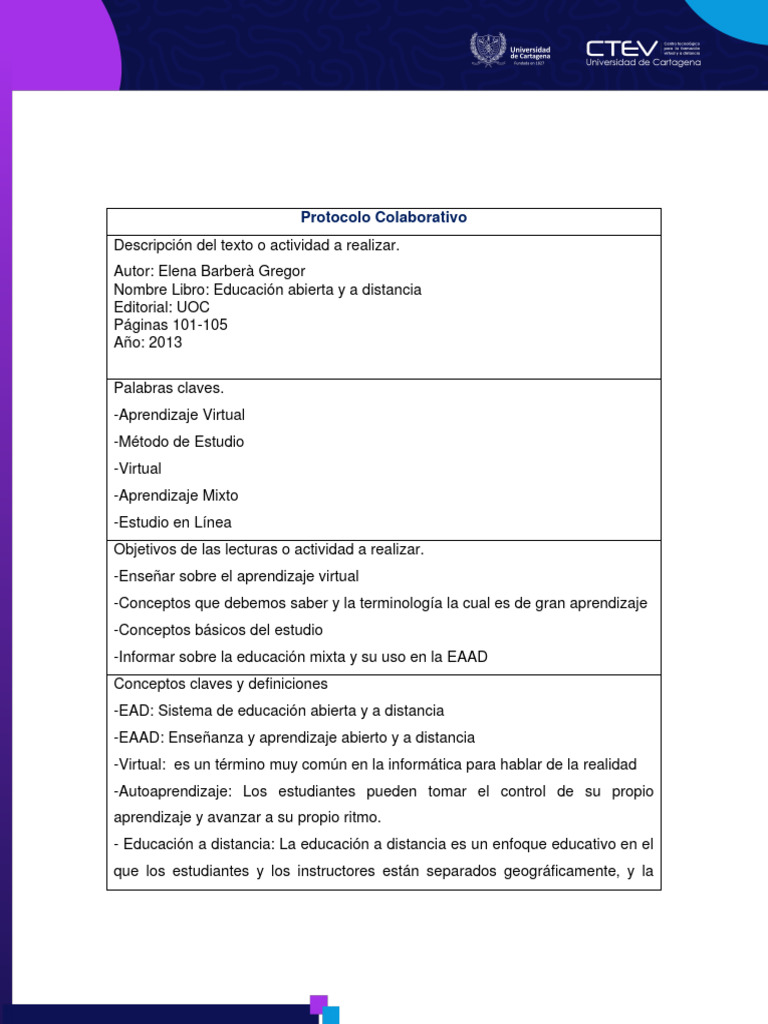 Protocolo Colaborativo (Medologia de La Educacion A Distancia) | PDF | Educación a distancia ...