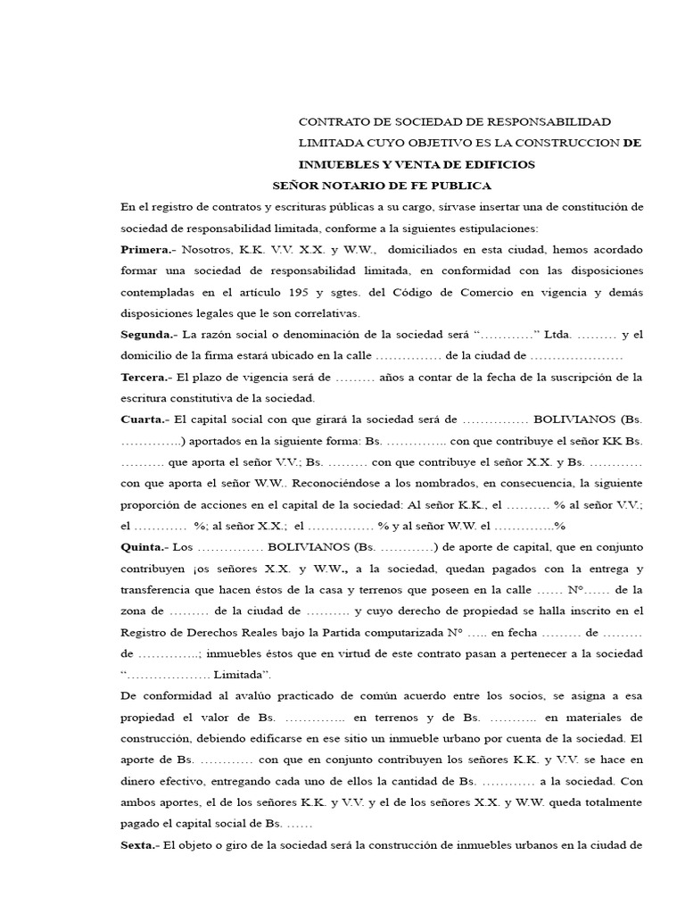 120-Cont. de Soc. de Resp. Limitada para Const. de Inmuebles | PDF ...