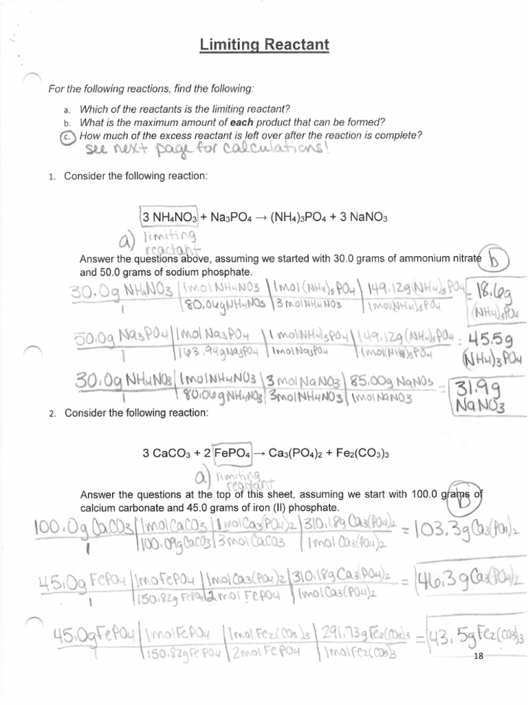 Limiting Reactant Key | PDF
