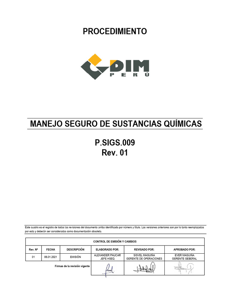 P.sigs.009 Manejo Seguro de Sustancias Quimicas, Rev 01 | PDF P.sigs.009 Manejo Seguro de Sustancias Quimicas, Rev 01 | PDF