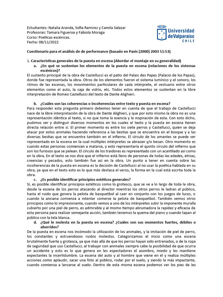 Cuestionario para El Análisis de de Performance (Basado en Pavis (2000 ...