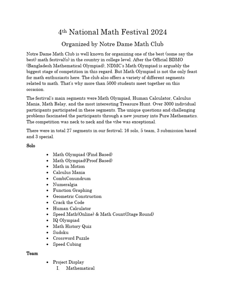 Notre Dame Math Festival 2024 Highlights | PDF | Mathematics | Theorem