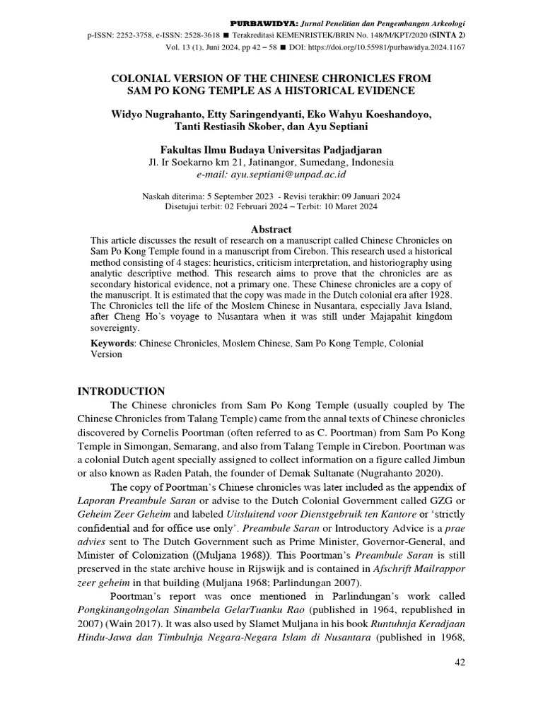 Colonial Version of The Chinese Chronicles From Sam Po Kong Temple As A ...