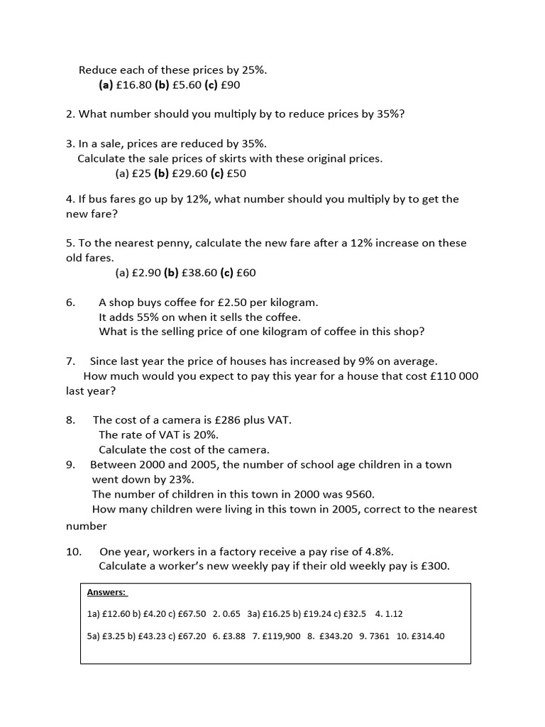 Percentage Increase and Decrease - Worksheet 1 | PDF