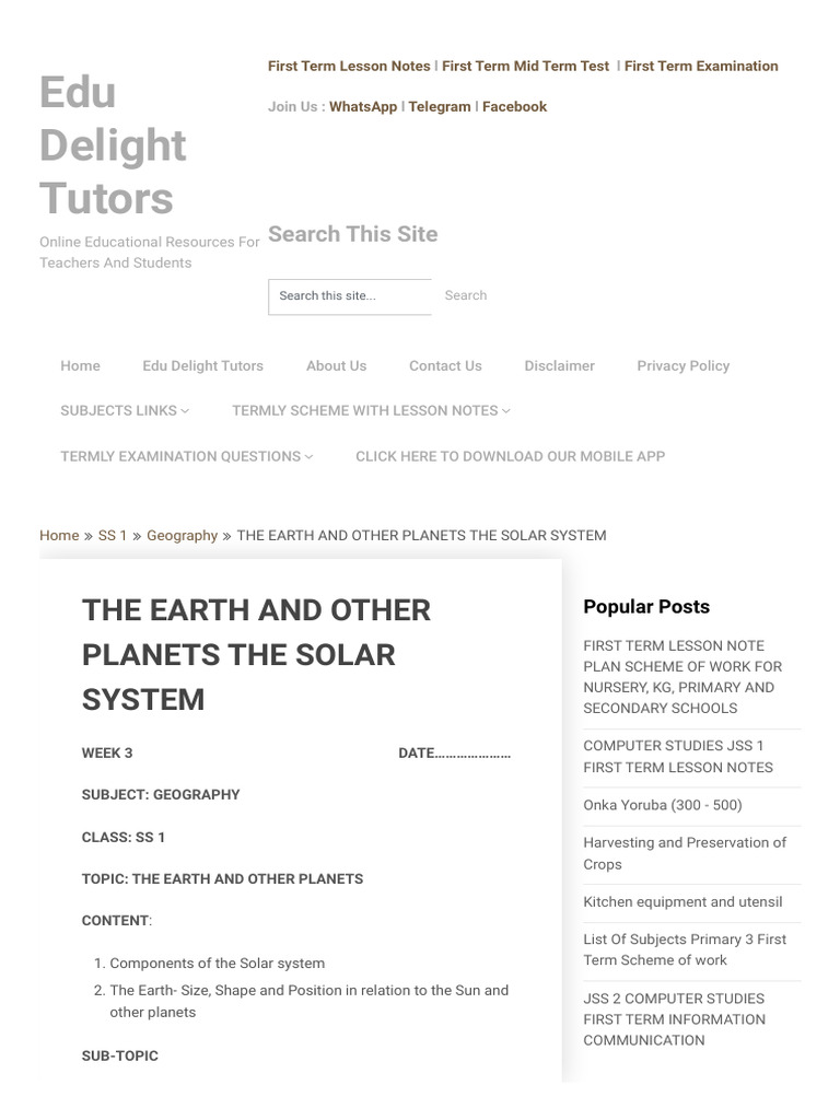 THE EARTH AND OTHER PLANETS THE SOLAR SYSTEM - Edu Delight Tutor | PDF ...