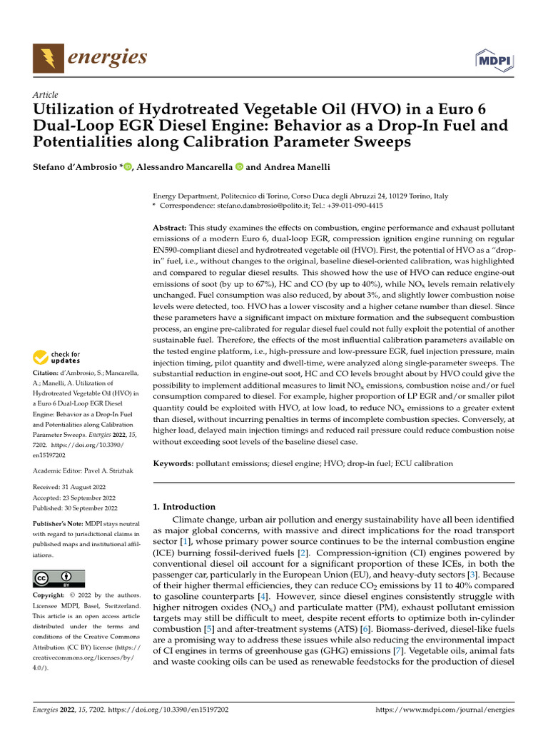 Utilization of Hydrotreated Vegetable Oil HVO in A | PDF | Diesel ...