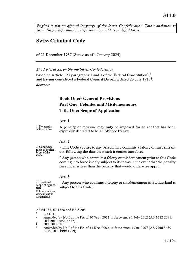 Swiss Criminal Code Overview 2024 | PDF | Probation | Crimes