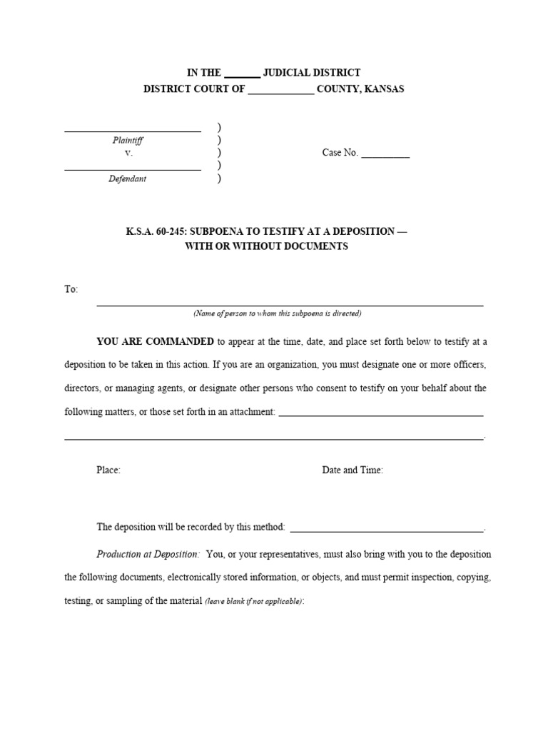 60-245 Subpoena For Deposition With or Without Documents (6-2017) | PDF ...