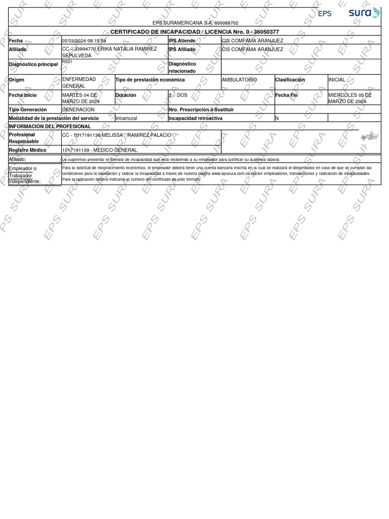 Certificado de Incapacidad EPS Sura 2024 | PDF