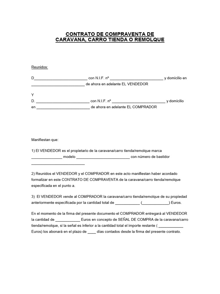 Contrato Compraventa de Caravana, Carro Tienda o Remolque | PDF ... Contrato Compraventa de Caravana, Carro Tienda o Remolque | PDF ...