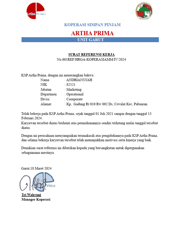 Surat Referensi Karyawan KSP Artha Prima | PDF