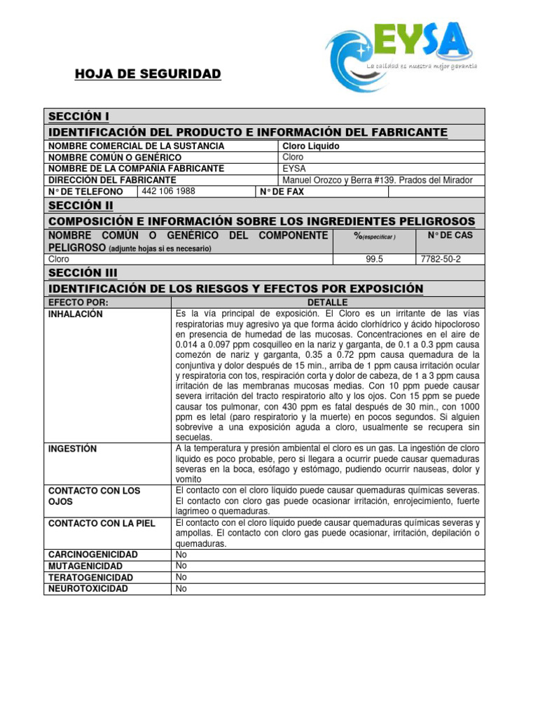 Hoja de Seguridad Cloro (Extendida) | Descargar gratis PDF | Cloro | Agua